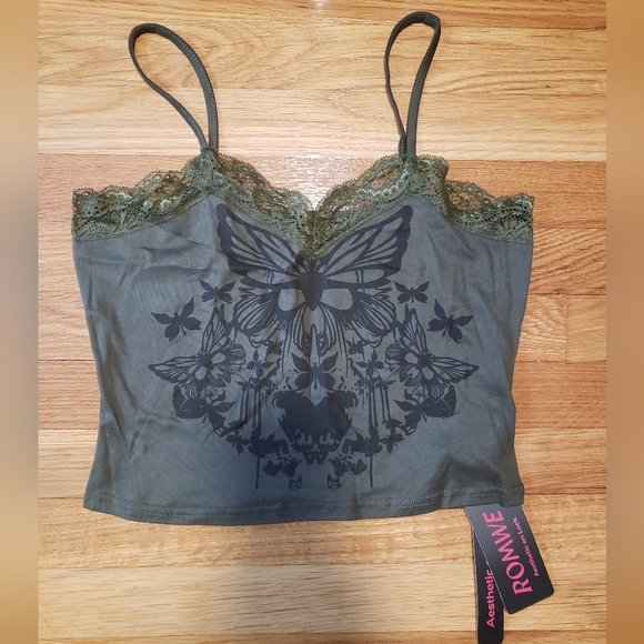 ROMWE | Tops | Nwt Romwe Medium Olive Green Crop Lace Butterflymoth ...